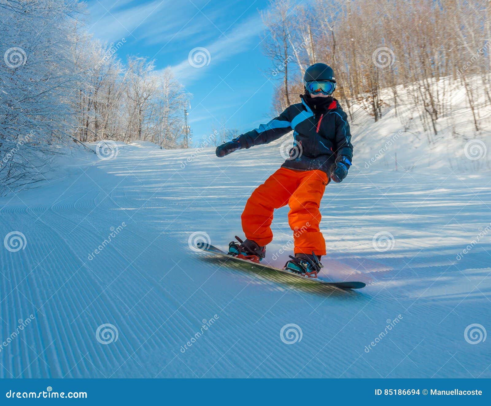 Little Snowboarder Going Down the Mountain. Stock Photo - Image of ...