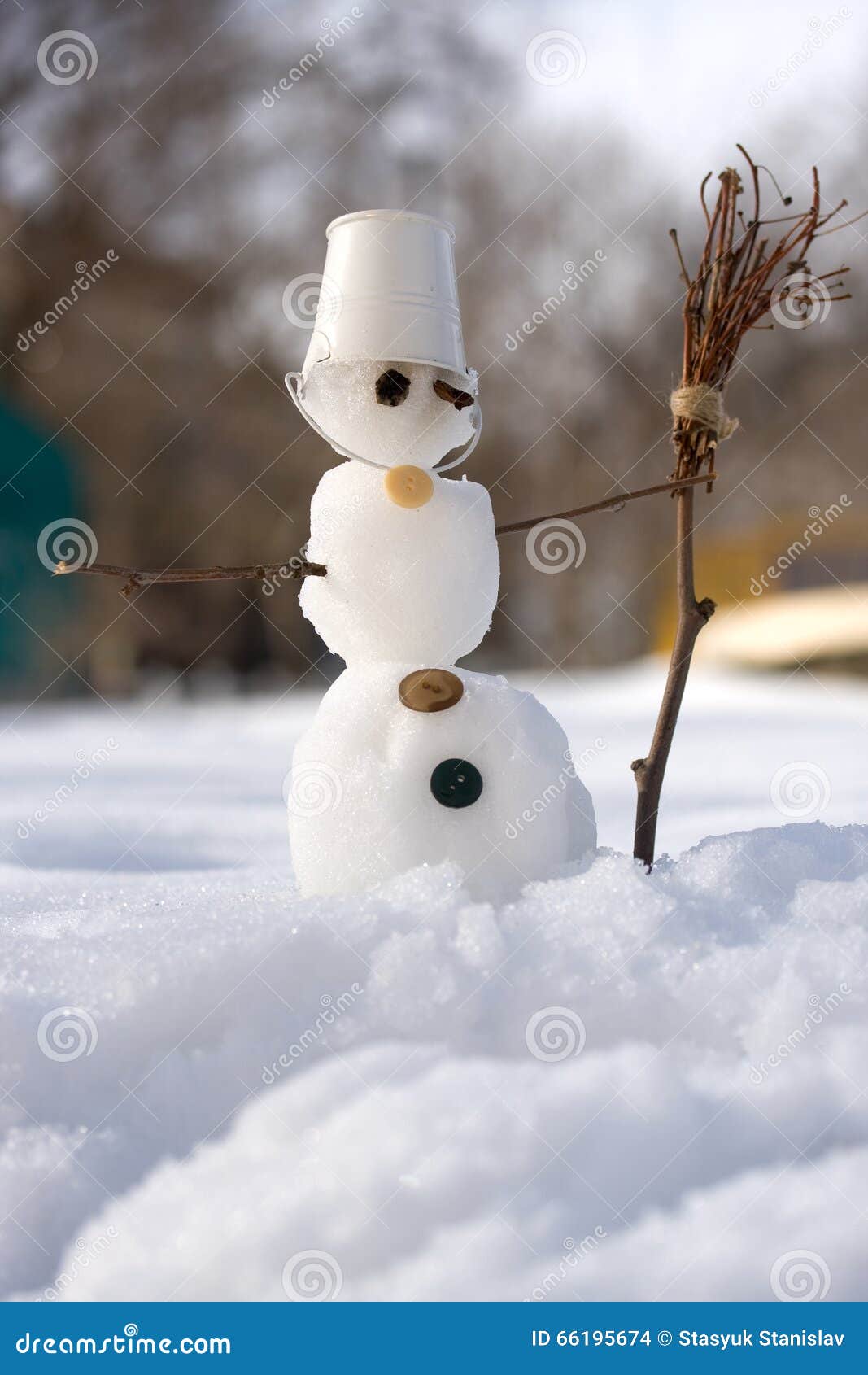Little snowman with broom stock photo. Image of bucket - 66195674