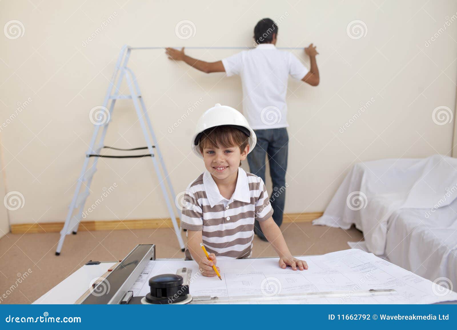 Little Son Drawing Plans and Father Working Stock Photo - Image of cute ...