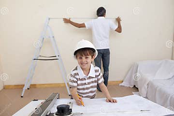 Little Son Drawing Plans and Father Working Stock Photo - Image of cute ...