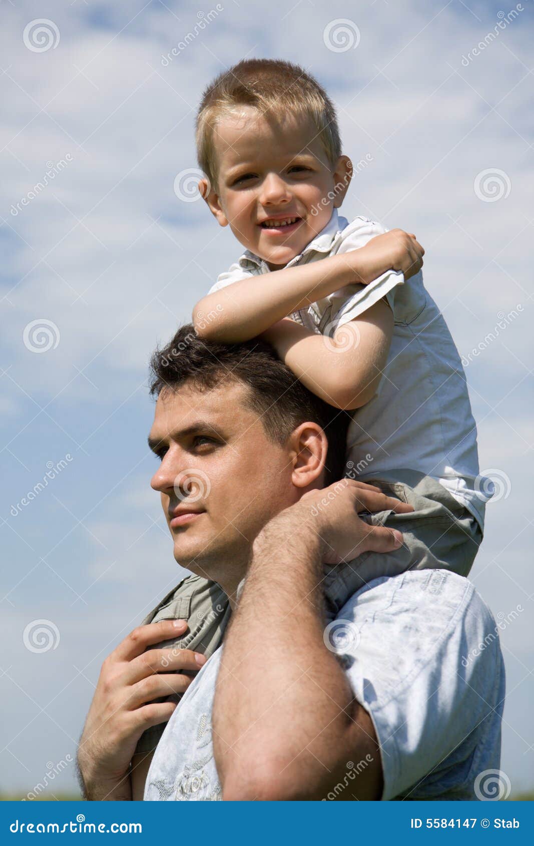 Little Son Sits on Father`s Shoulders Stock Image - Image of outdoors ...