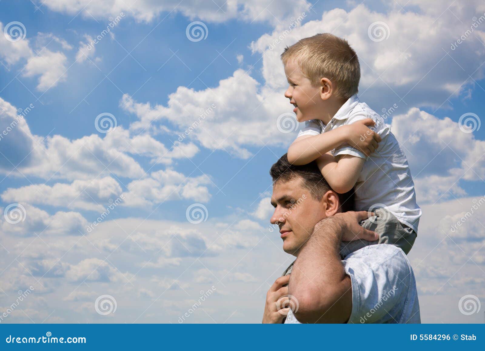 Little Son Sits on Father`s Shoulders Stock Photo - Image of beauty ...