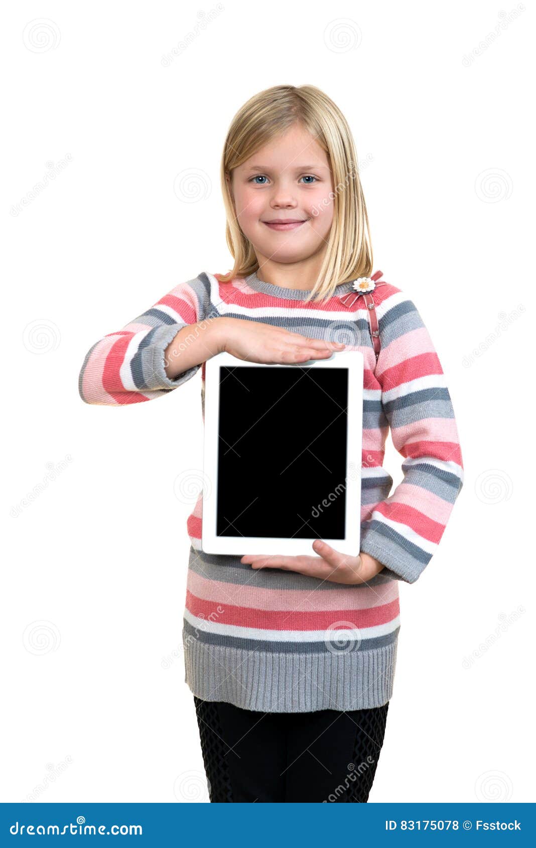 Little Standing Girl with Tablet on White Background Stock Photo ...