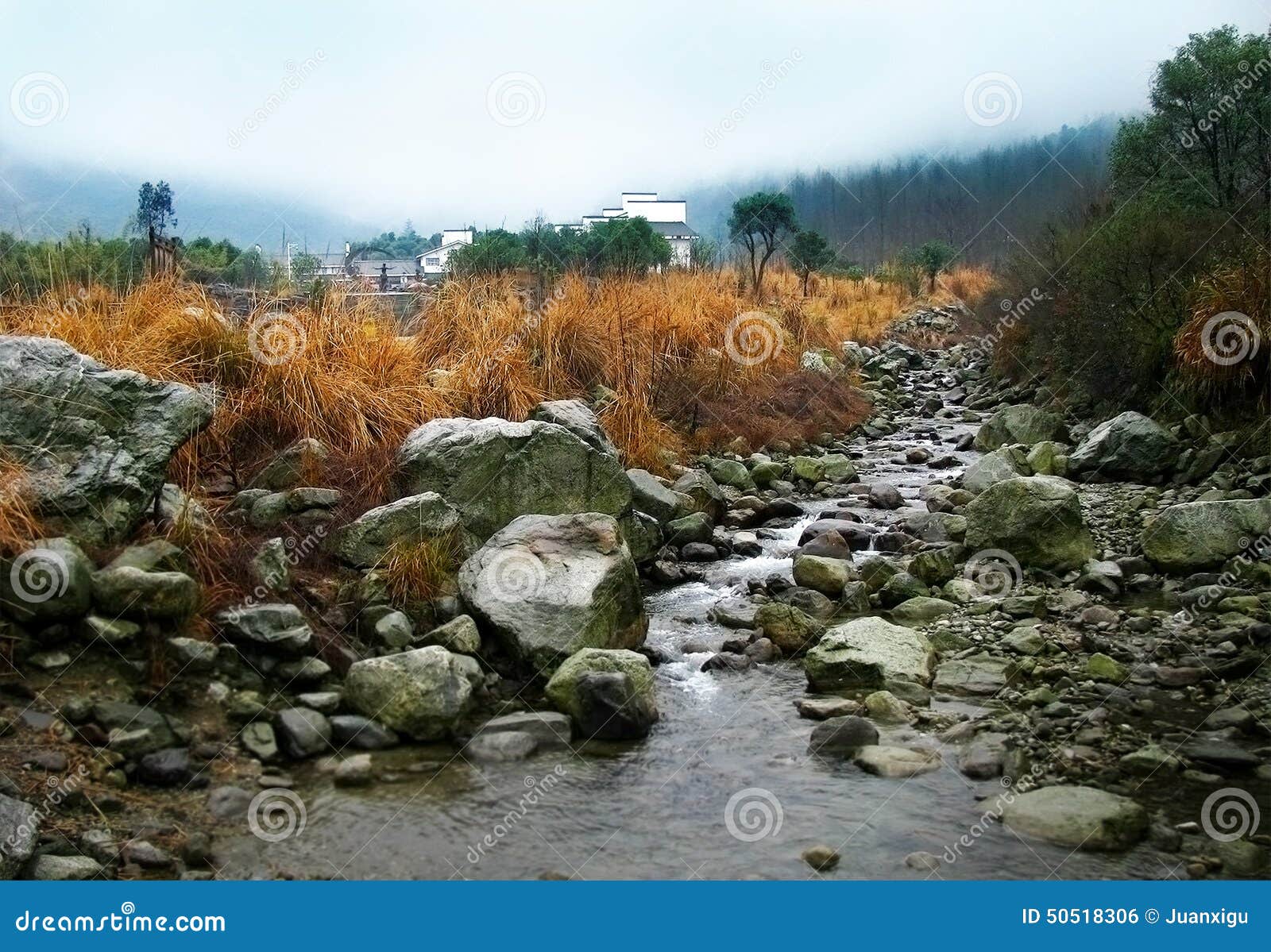 Little Stream in Front of Old Village Stock Photo - Image of river ...