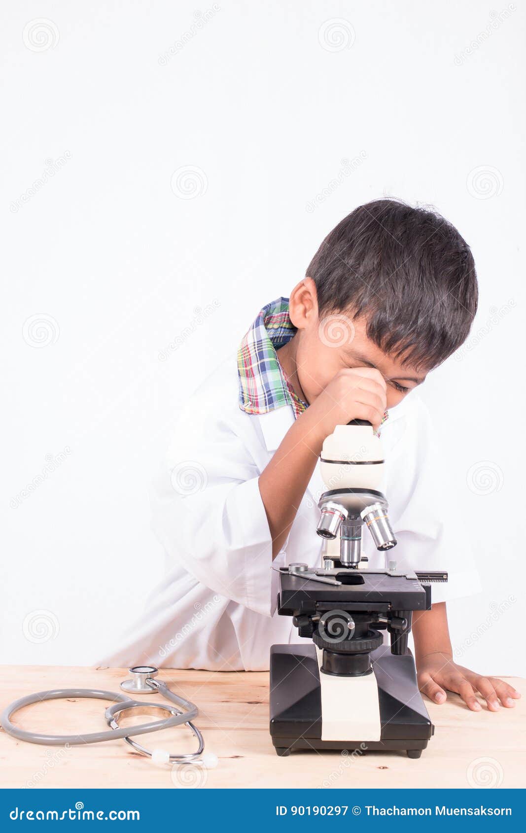 Little Student Boy Working with Microscope Stock Image - Image of ...