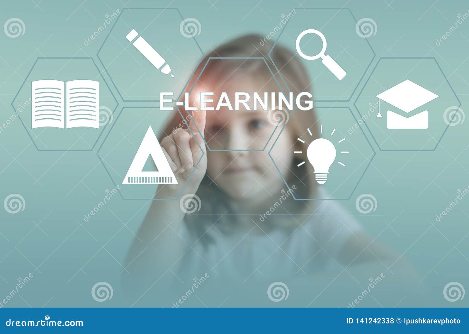 Little Student Girl Choosing Icon on Virtual Touch Screen. Baby Using a ...