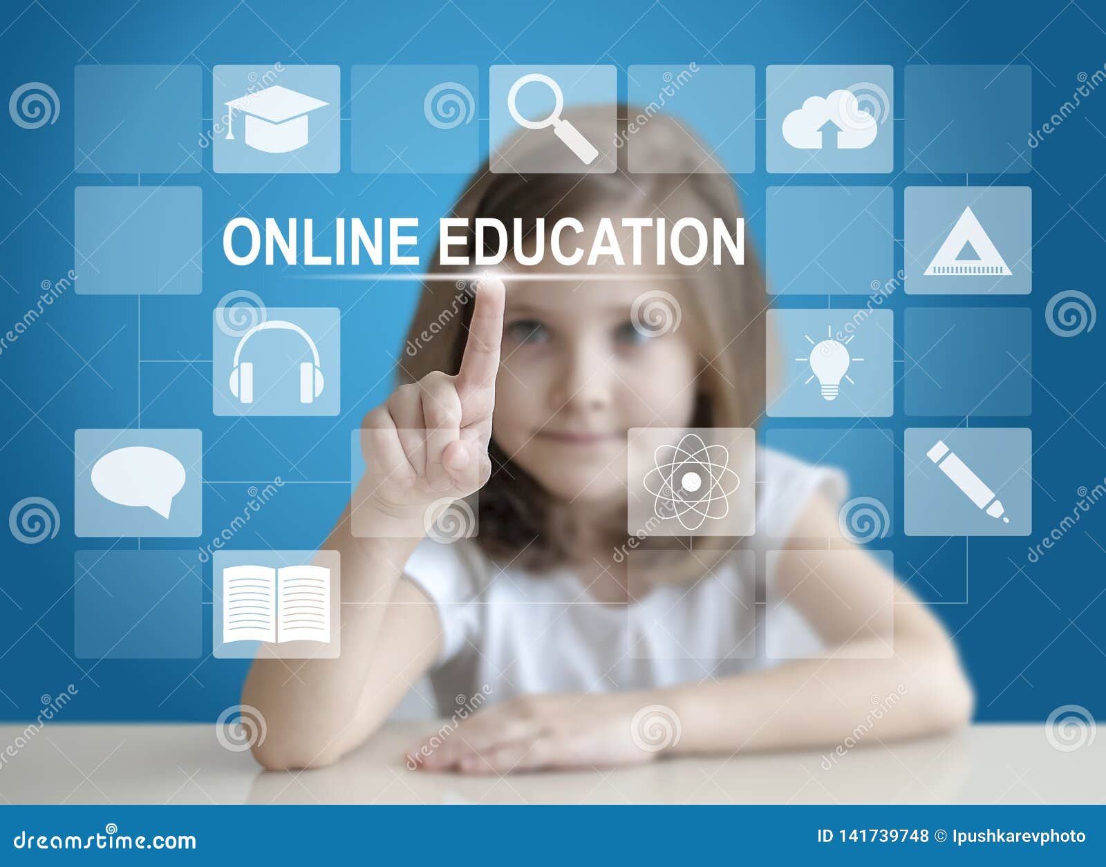 Little Student Girl Choosing Icon on Virtual Touch Screen. Baby Using a ...