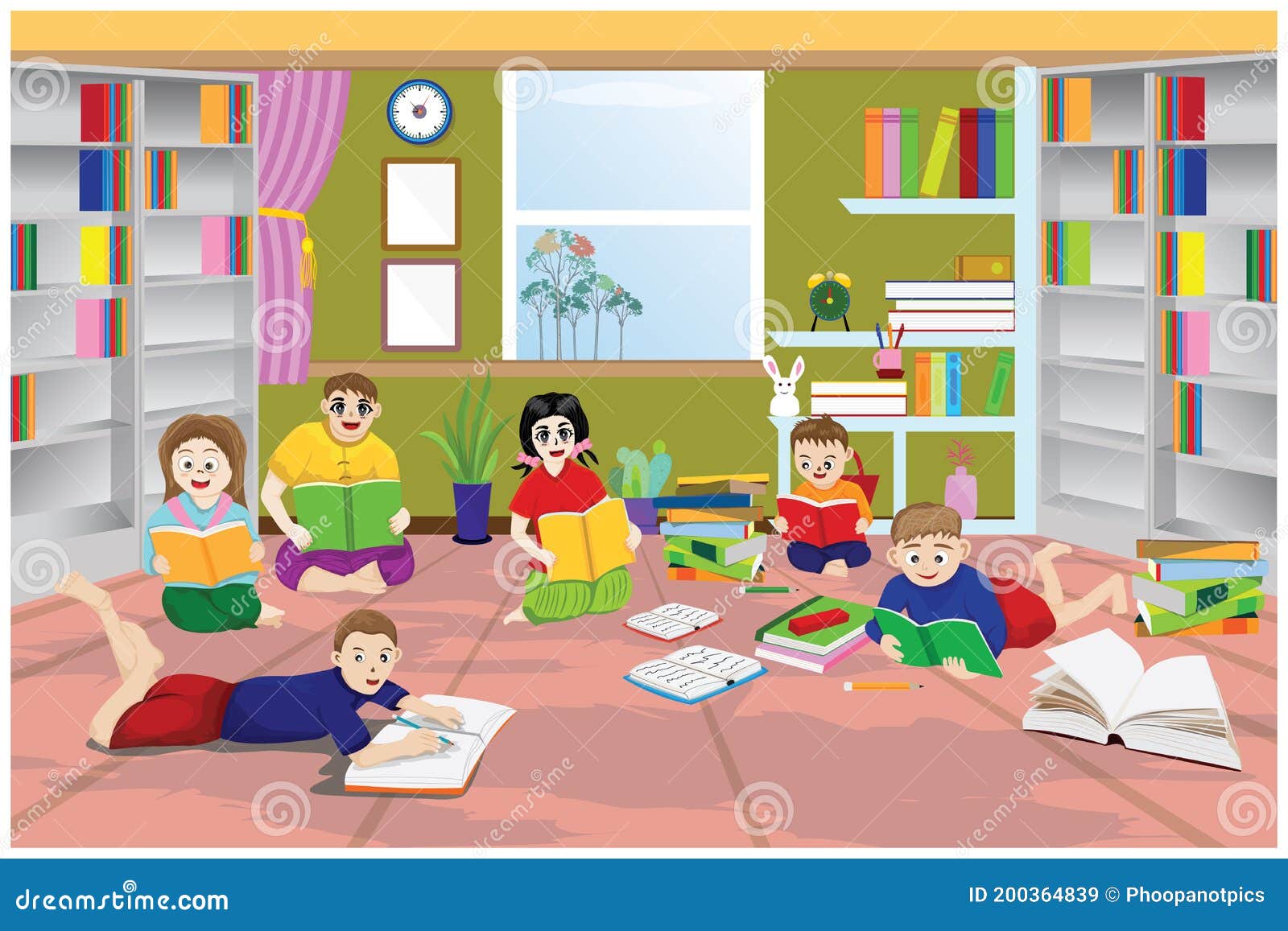 Little Student Reading in Library Stock Vector - Illustration of ...