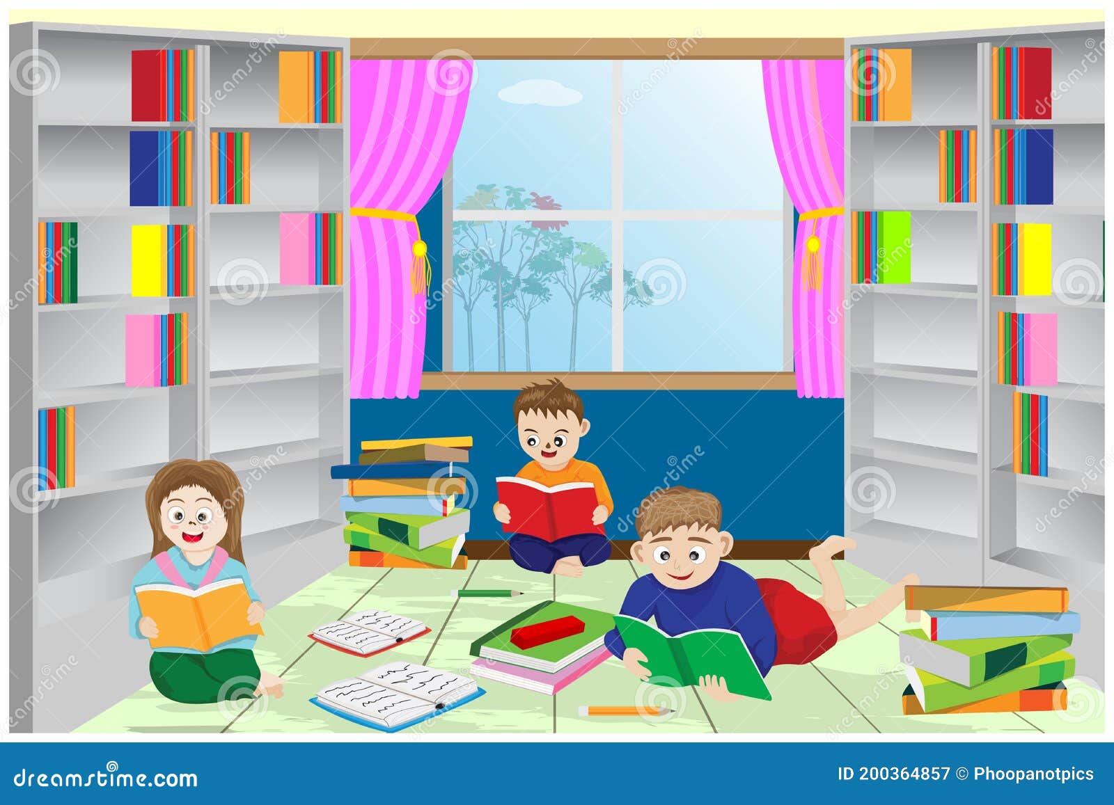 Little Student Reading in Library Stock Vector - Illustration of stand ...