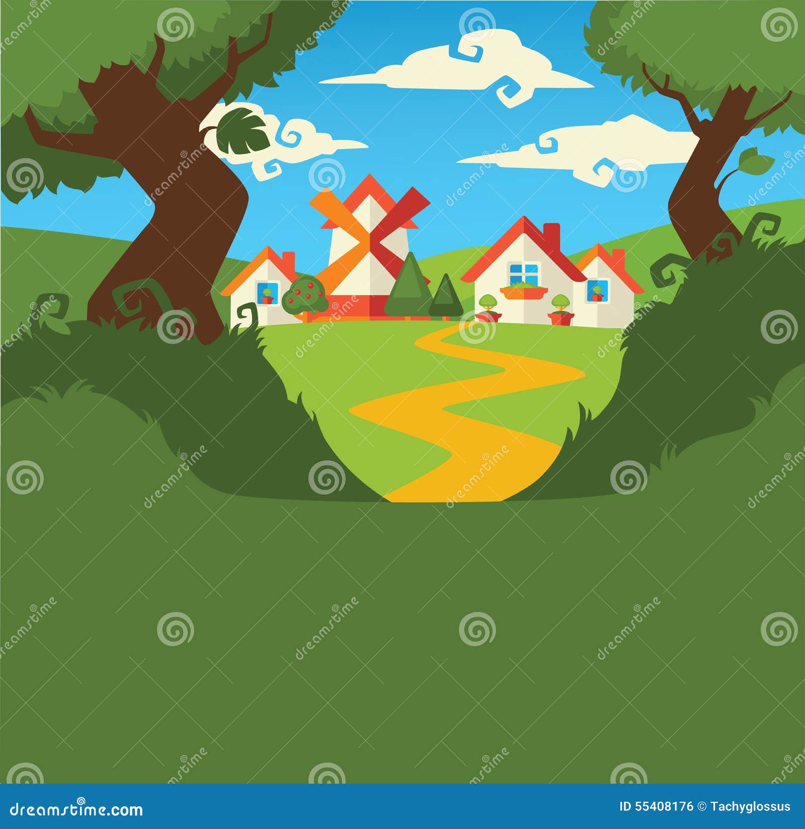 Summer Village Top View With A Greenhouse, Barn, Houses, Mills, Fields ...