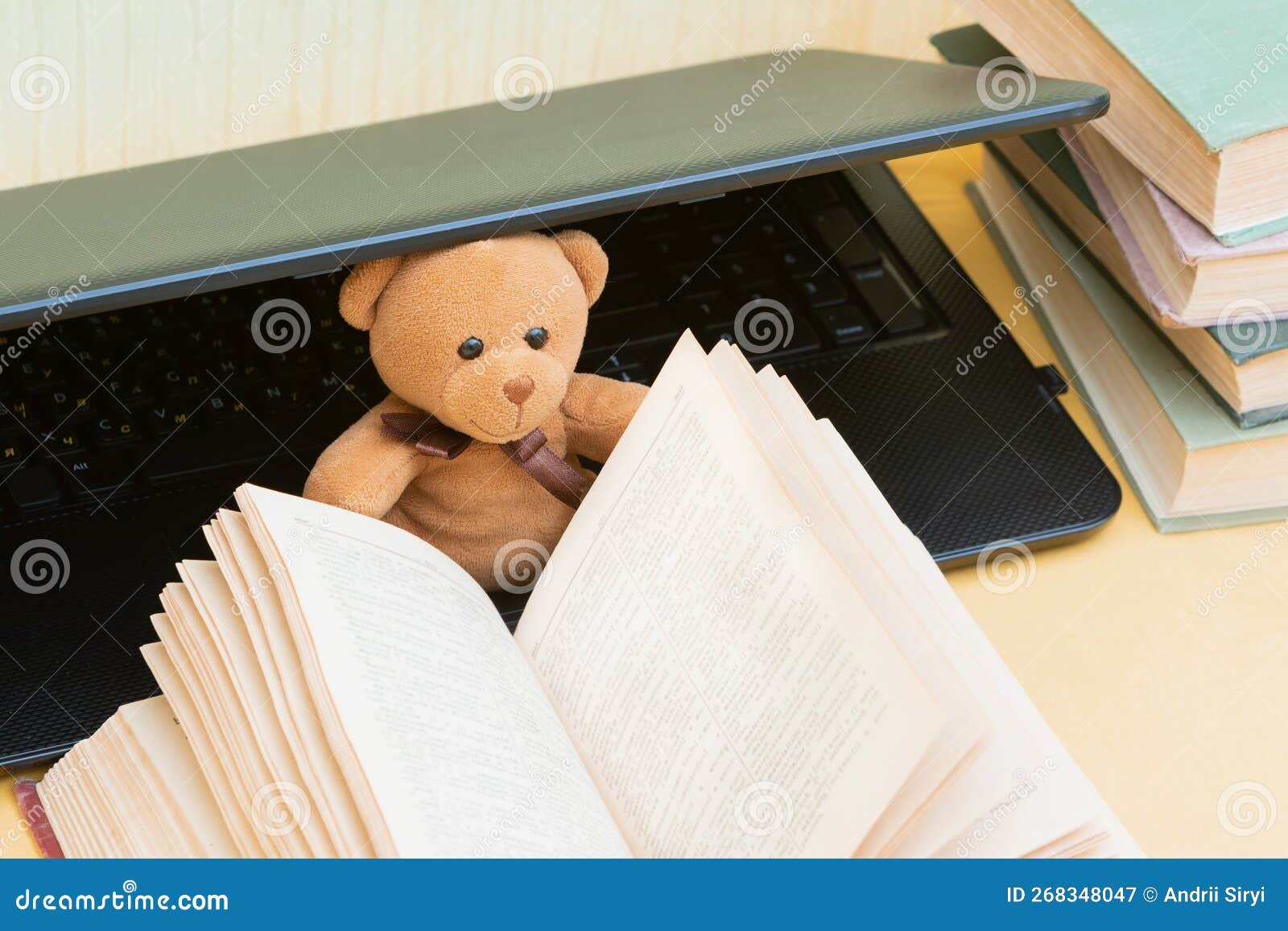 Little Teddy Bear with Books and Laptop Stock Image - Image of book, technology: 268348047