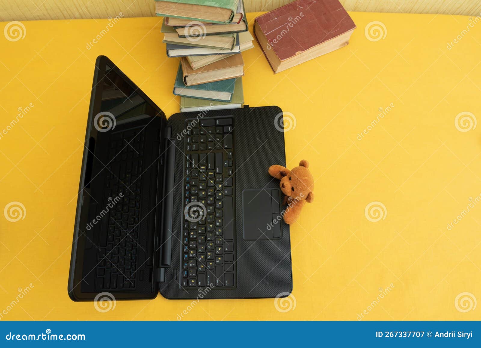 Little Teddy Bear with Books and Laptop, Study Stock Image - Image of ...