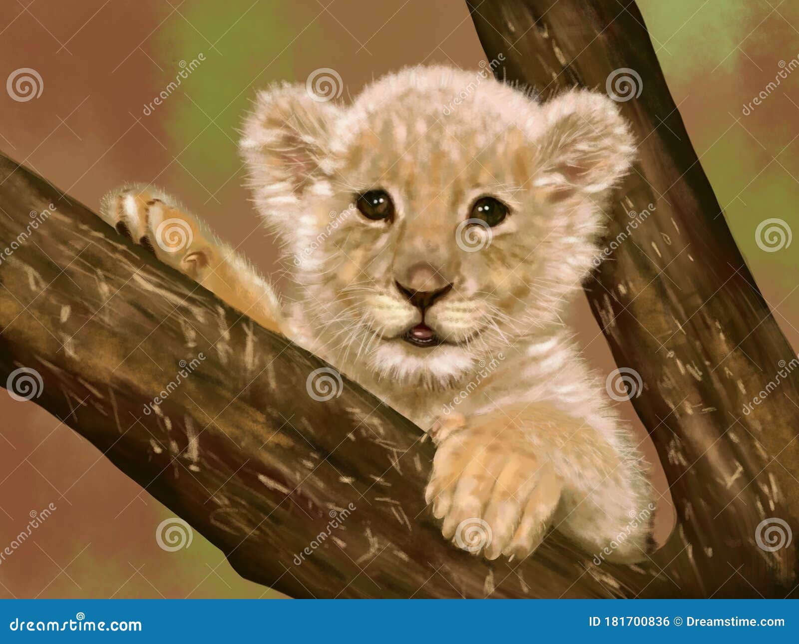 Little Tiger Cub on a Tree. Stock Illustration - Illustration of ...