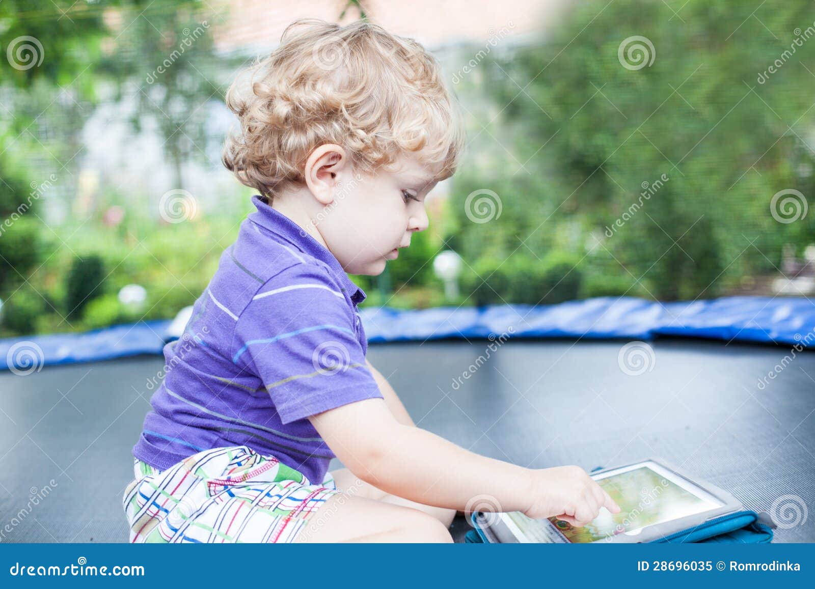 Little Toddler Boy Playing with Tablet Pc Outdoors Stock Image - Image ...