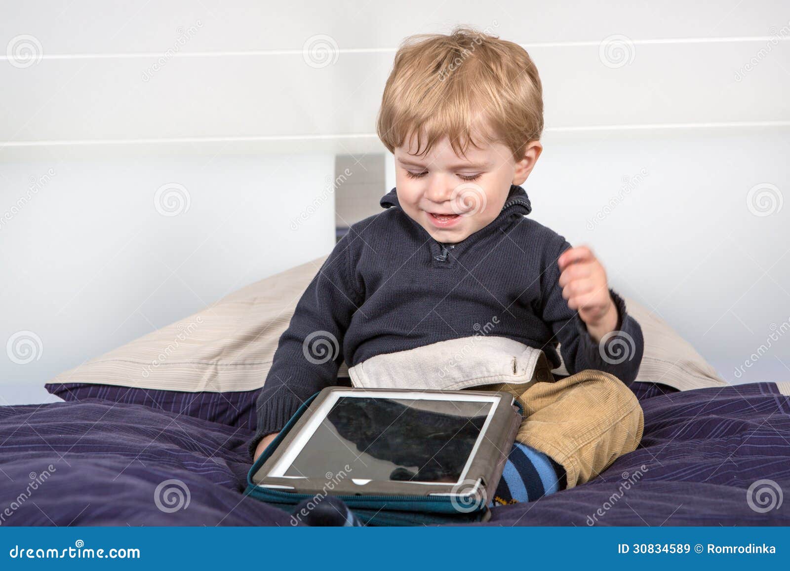 Little Toddler Boy Playing with Tablet Pc Stock Image - Image of ...