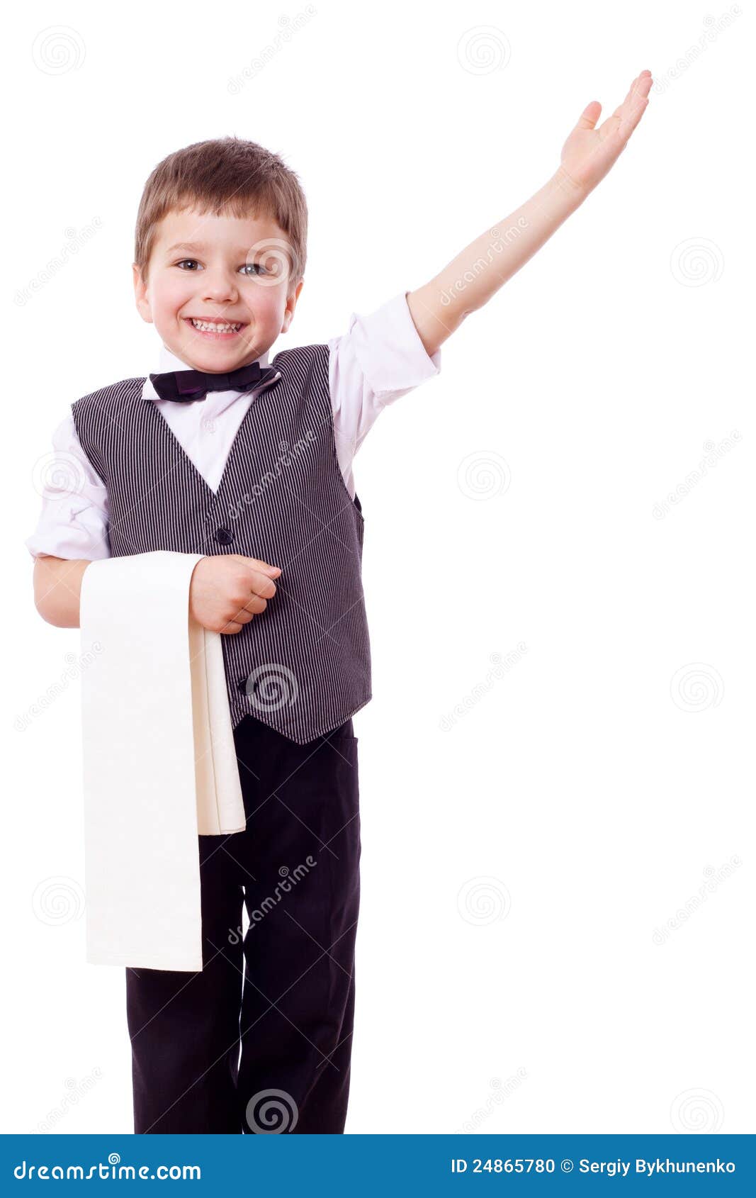 Little Waiter with Towel and Pointing Hand Stock Photo - Image of ...