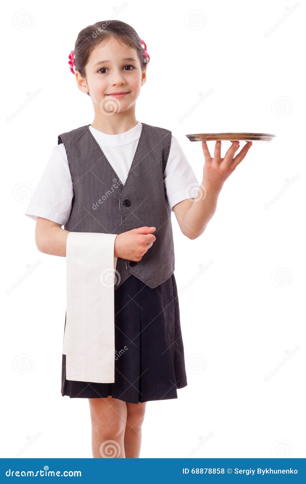Little Waitress with Tray and Towel Stock Photo - Image of formal, gift ...