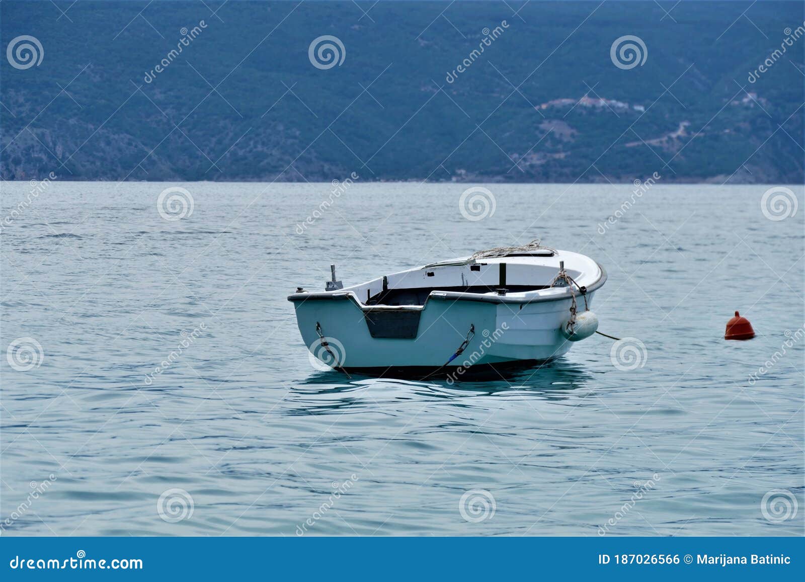 Little White Boat on the Peaceful Sea Stock Photo - Image of peaceful ...