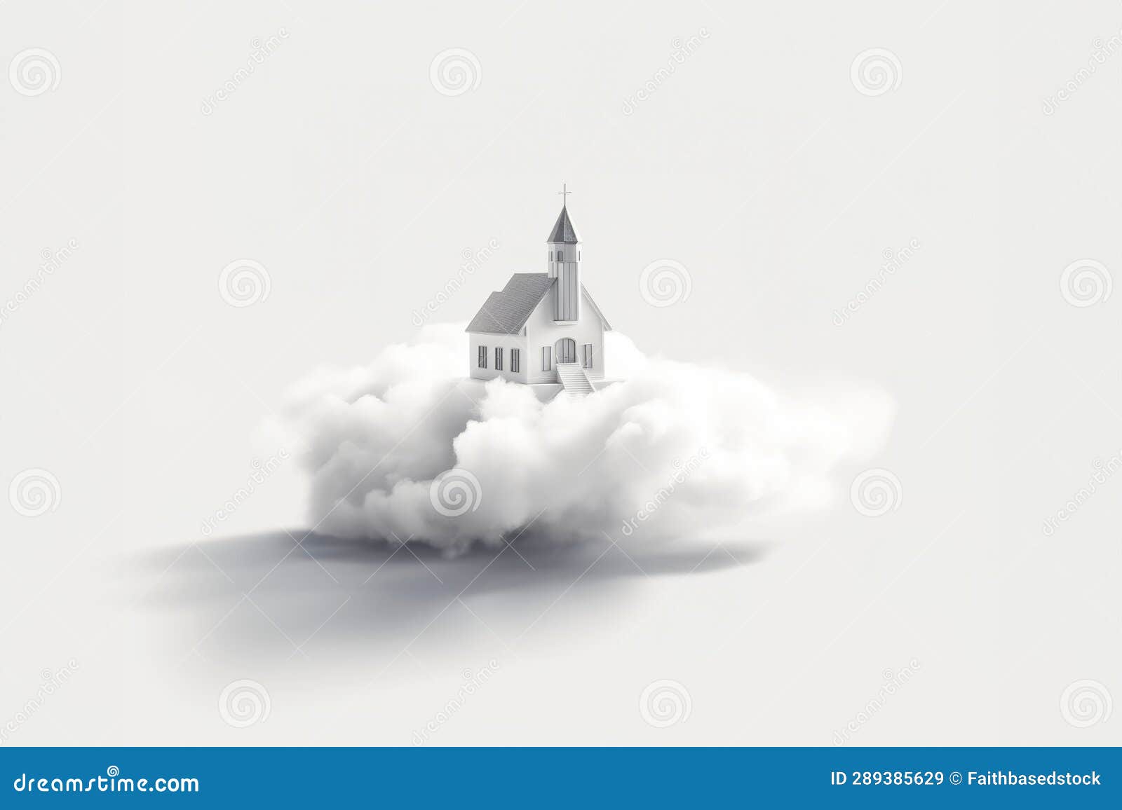 Little White Church in the Clouds on White Background. 3D Rendering ...