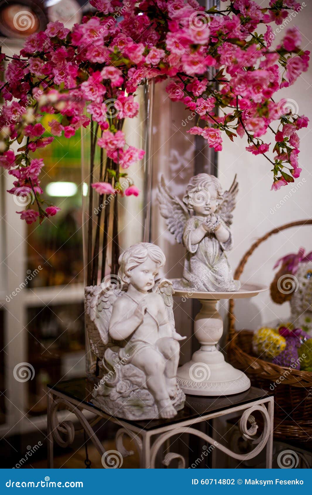 Little White Guardian Angels with Pink Flowers Stock Photo - Image of ...