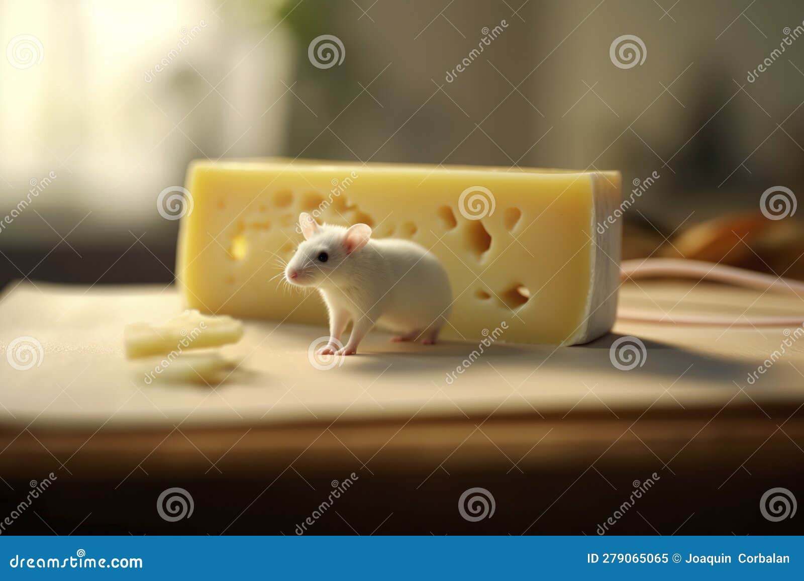 A Little White Mouse Takes Advantage of a Large Piece of Cheese in the ...