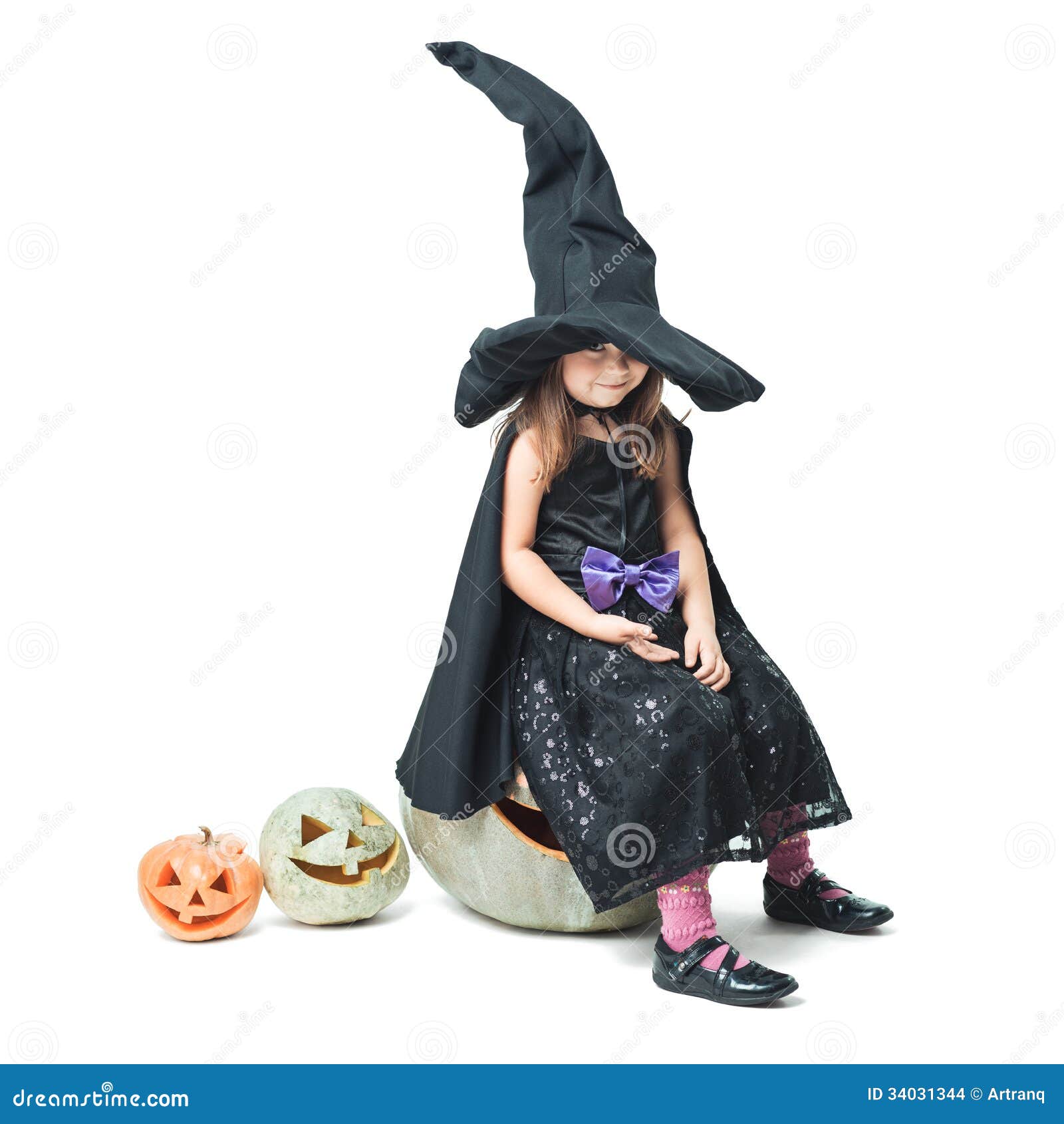 Little Witch Sits on a Pumpkin Stock Photo - Image of robe, black: 34031344