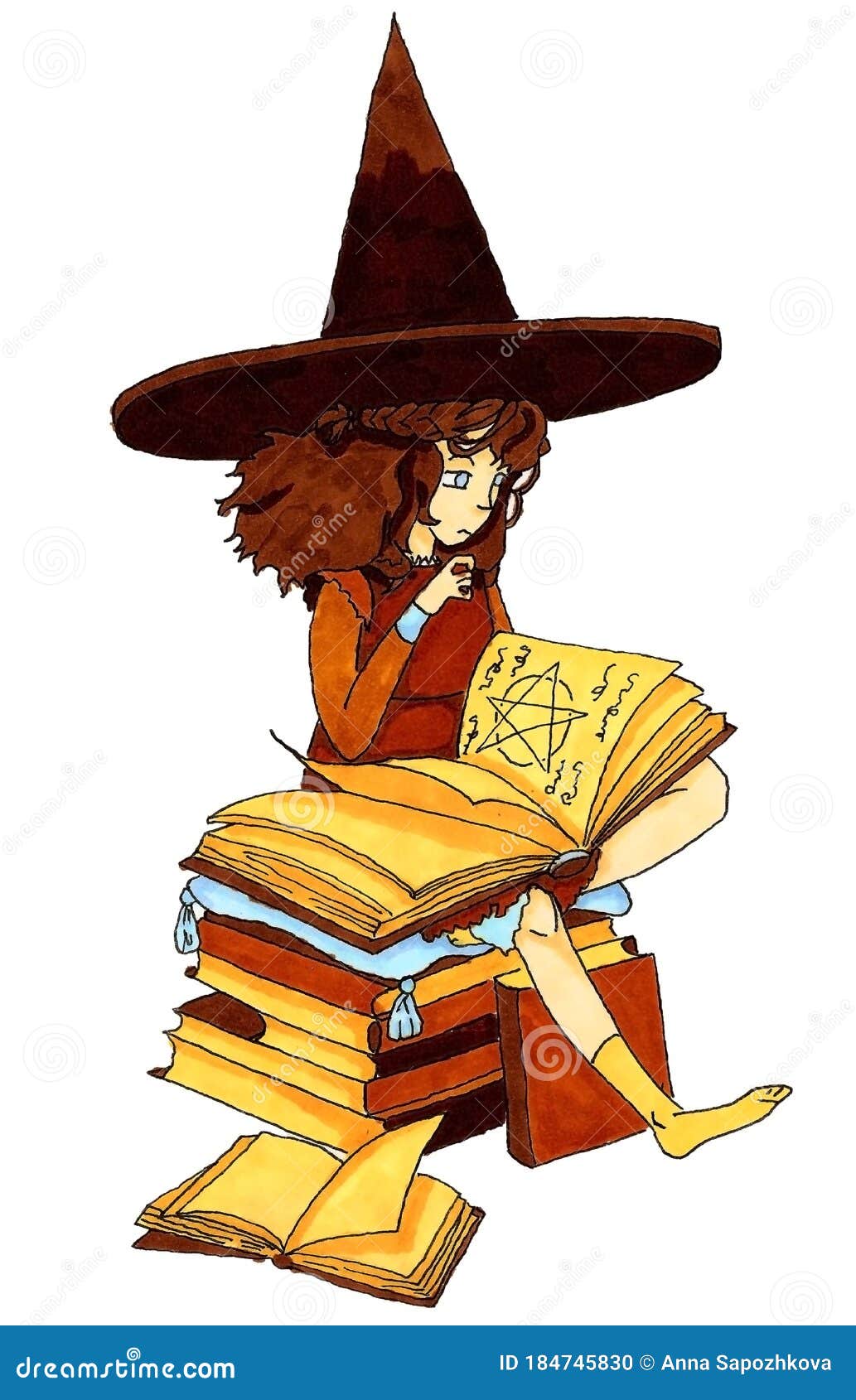 Little Witch Sitting on a Stack of Books and Reading a Book of Magic ...