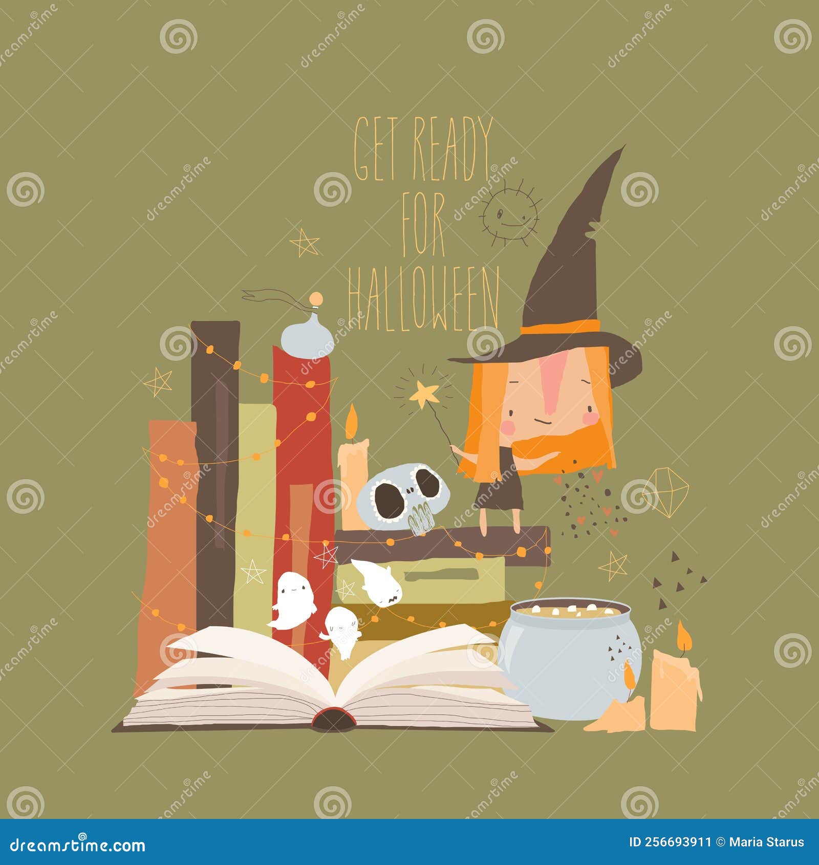Little Witch Standing and Conjuring on a Stack of Books Stock Vector ...