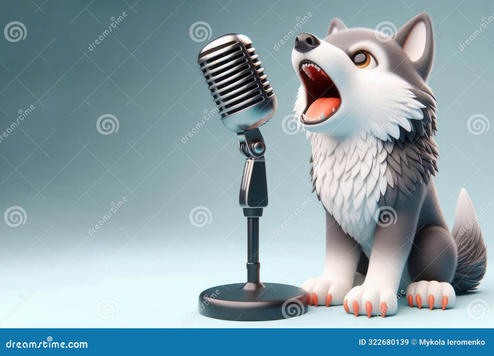 A Little Wolf Sings into a Microphone. Space for Text. Stock Image ...