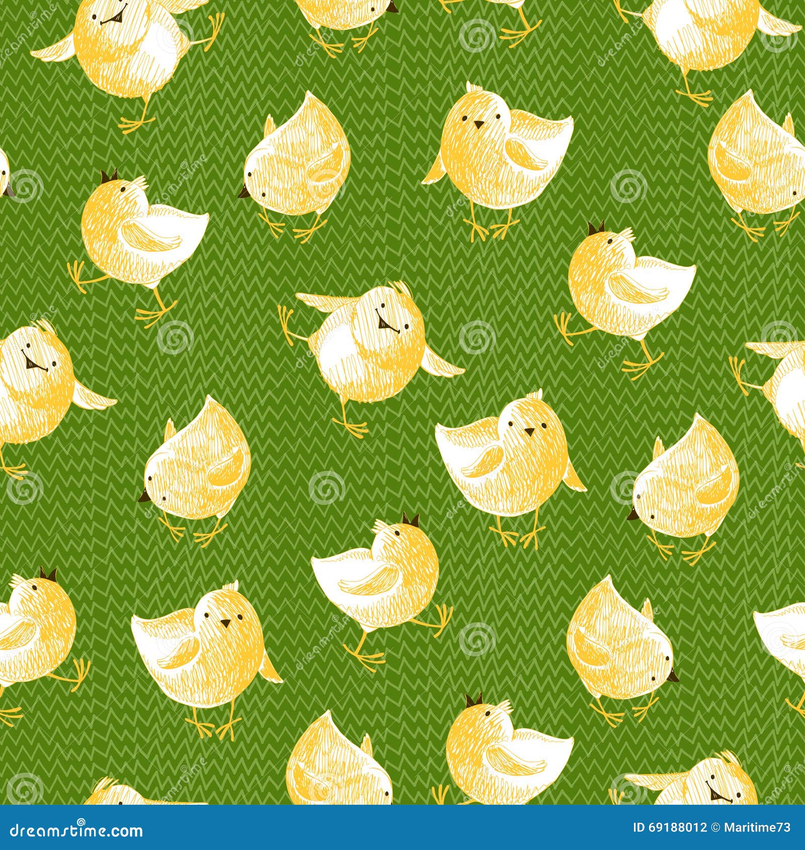 Little Yellow Chicken on Grassy Background. Vector Seamless Back Stock ...