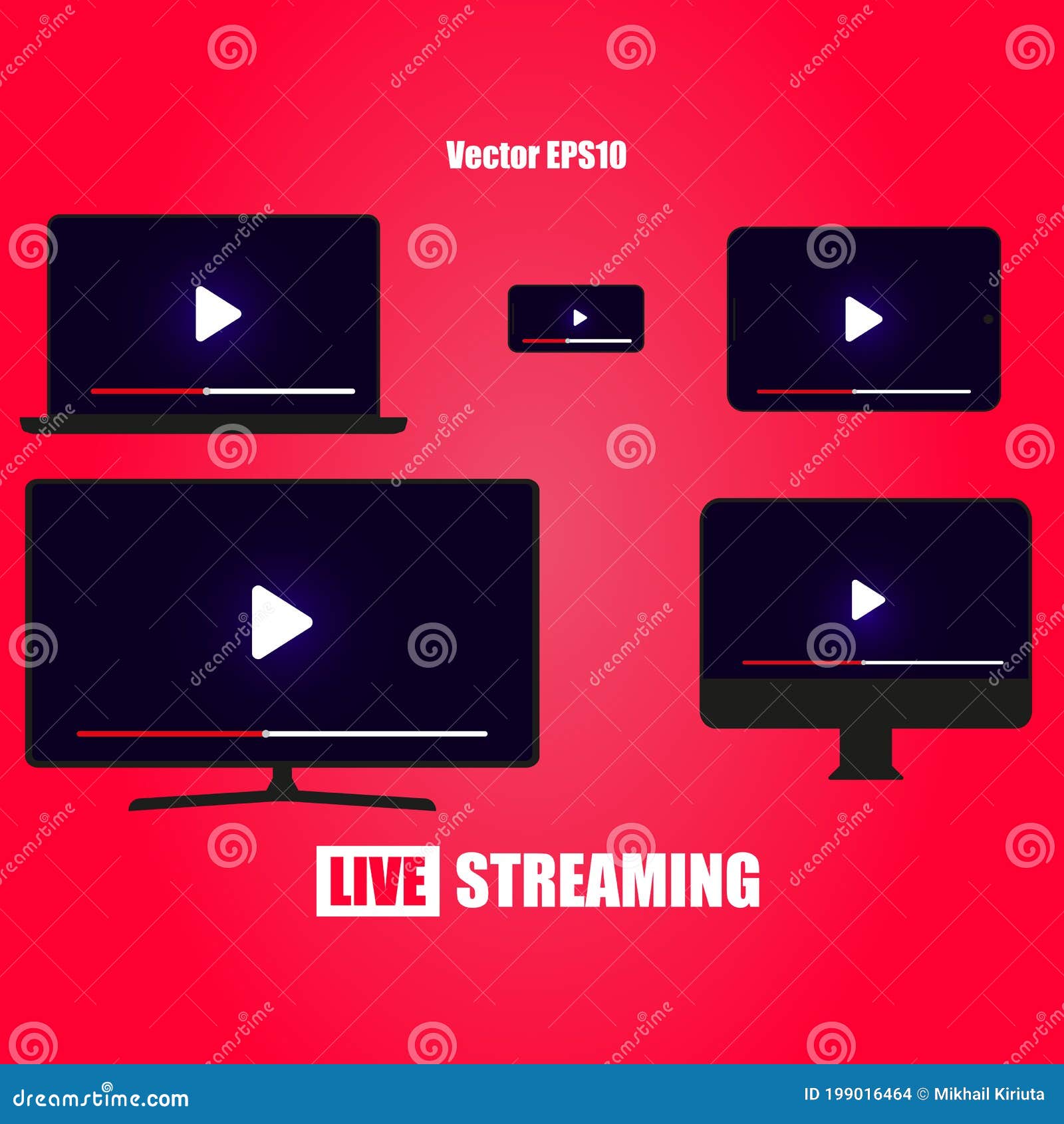 Live Broadcast Concept with White Play Button on Laptop, Tablet, TV ...