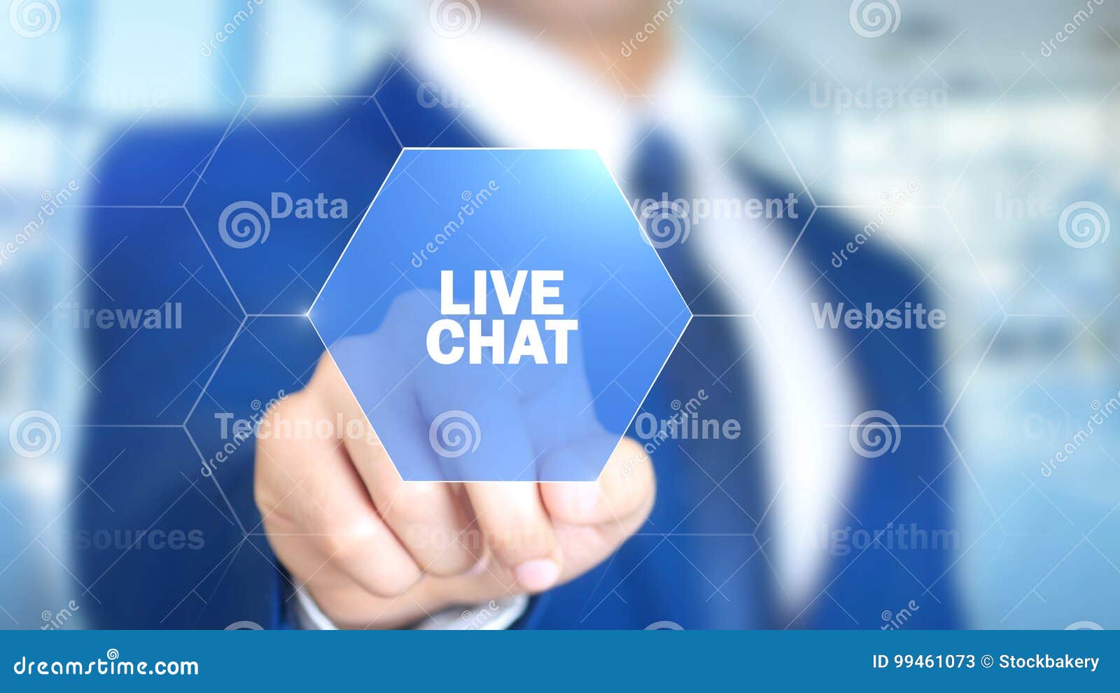 Live Chat, Man Working on Holographic Interface, Visual Screen Stock ...