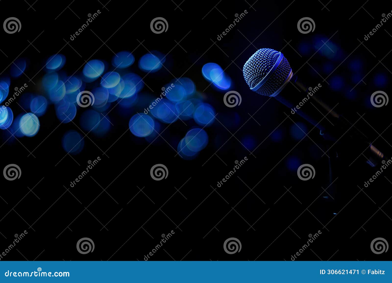 Live Music Background with Microphone and Stage Blue Lights Bokeh ...