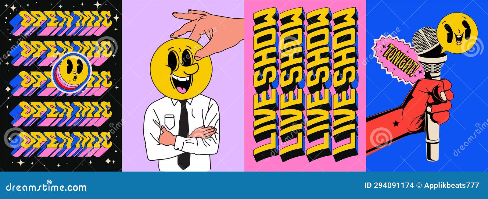 Live Open Mic Event or Stand Up Comedy Show Poster Set in Bright Colors ...