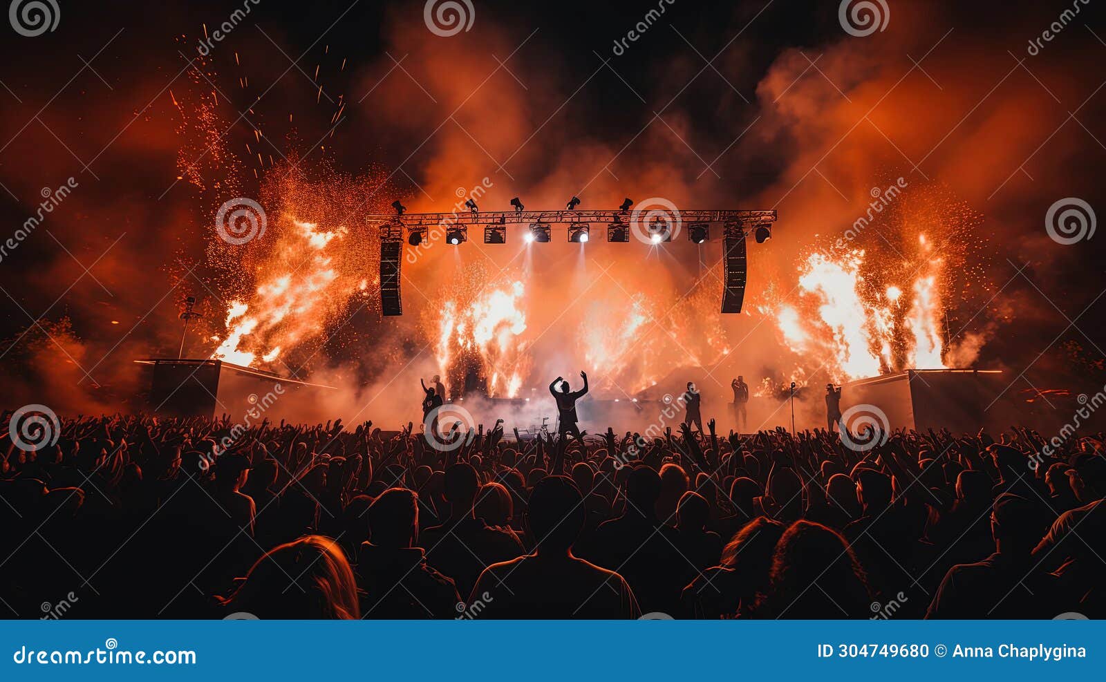 Live Rock Concert Show with Fire Pyrotechnics, View from Crowd Stock ...