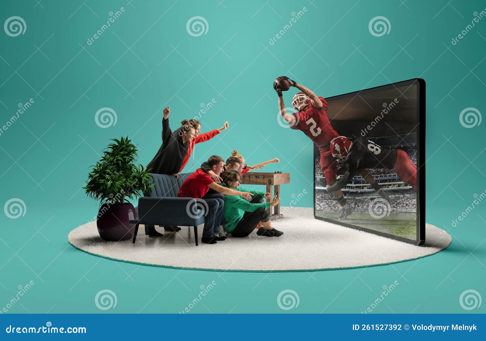 Live Stream Game. Group of Friends Sitting in Front of Huge 3D Model of ... Live Stream Game. Group of Friends Sitting in Front of Huge 3D Model of ...
