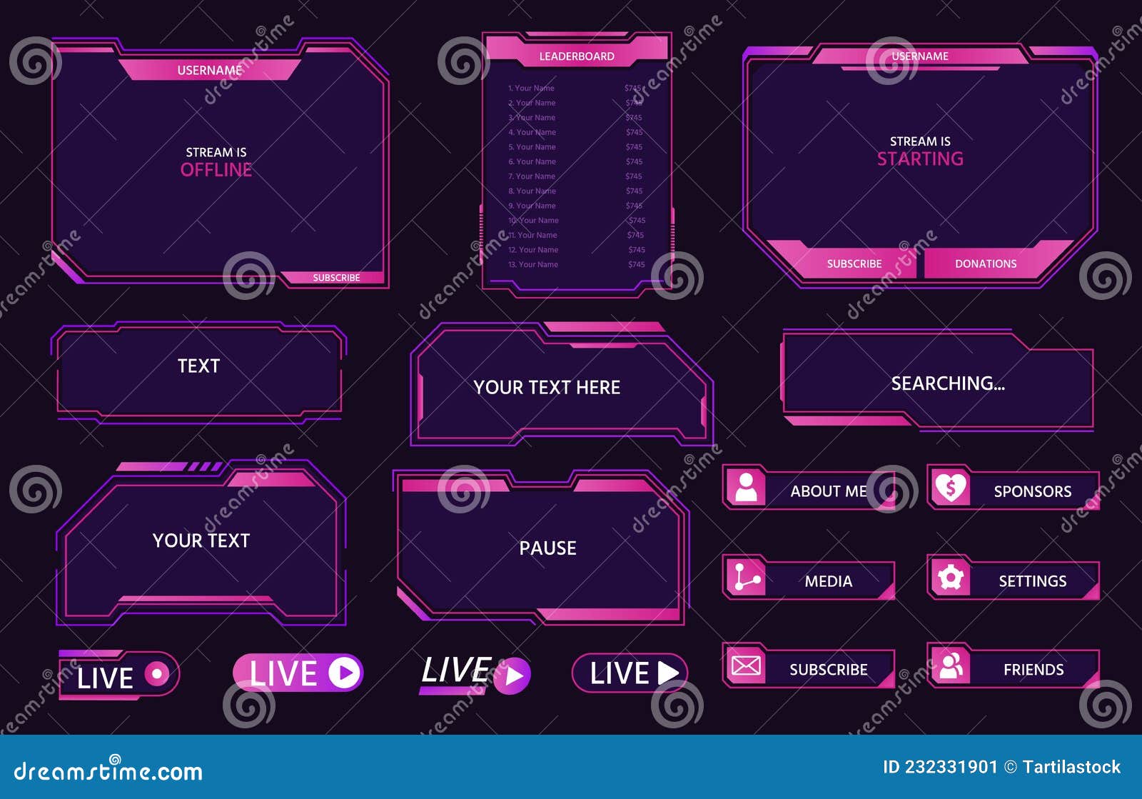 Live Stream Interface Overlay Frames for Gamer Broadcast. Cyber Hud ...