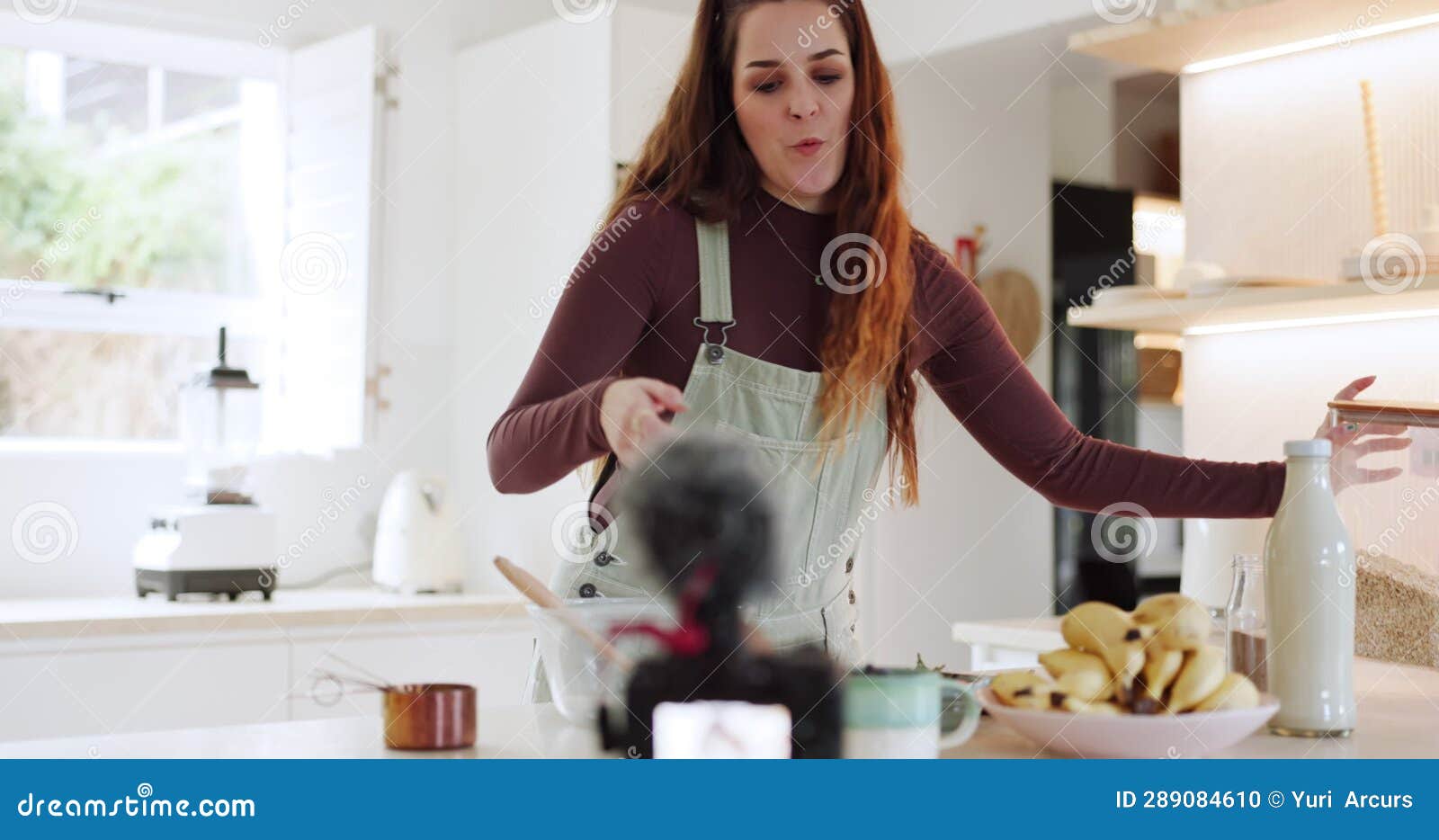 Live Streaming, Woman and Baking for a Video in the Kitchen for a ...