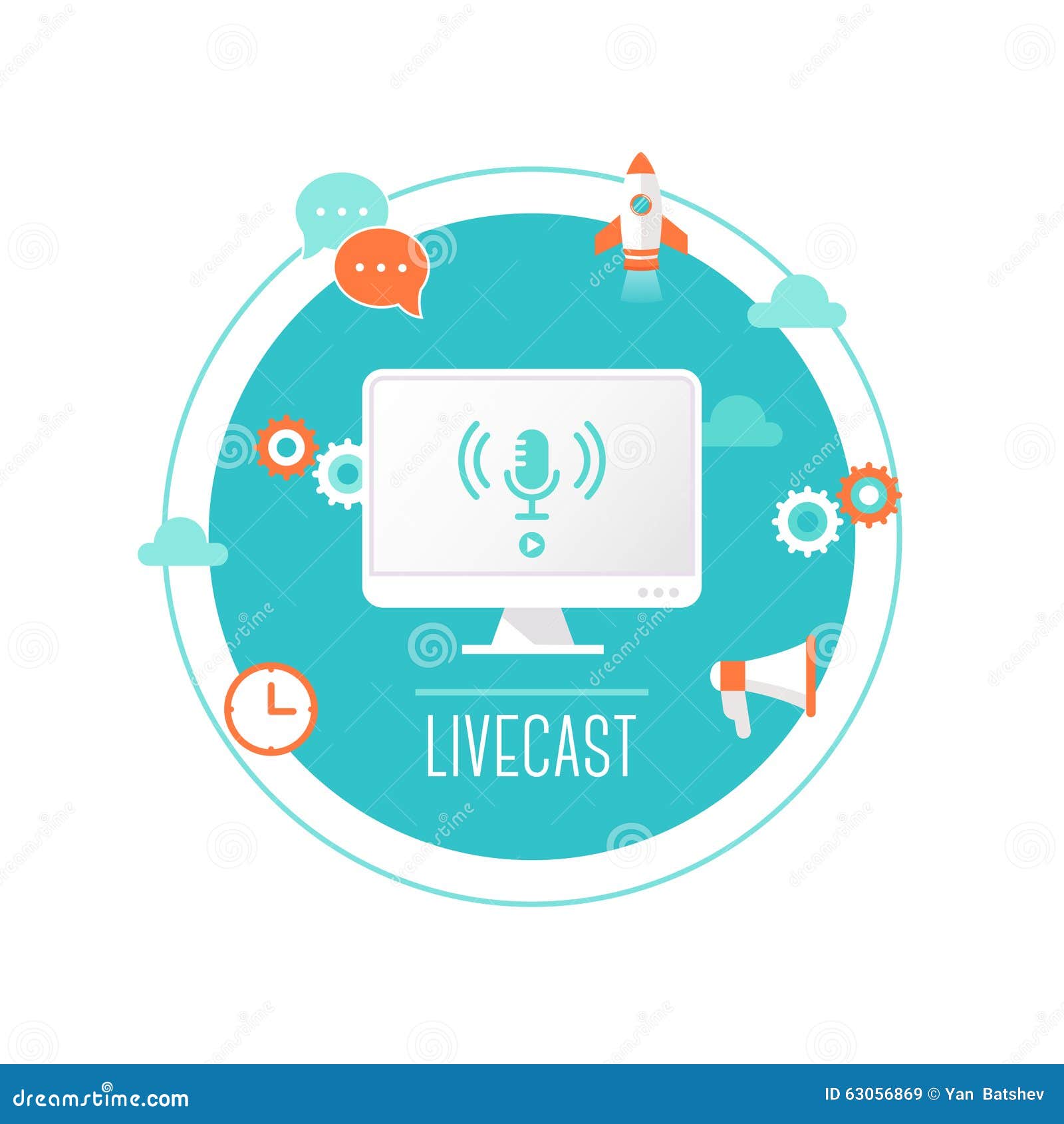 Livecast or Web Stream Illustration. Computer with Microphone Icon on ...