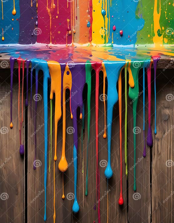 Vibrant Paint Drips on Wooden Texture AI Generative Stock Image - Image ...