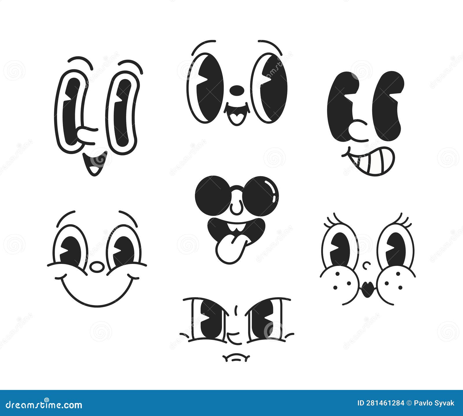 Lively Black and White Cartoon Comic Style Faces Set, Featuring ...