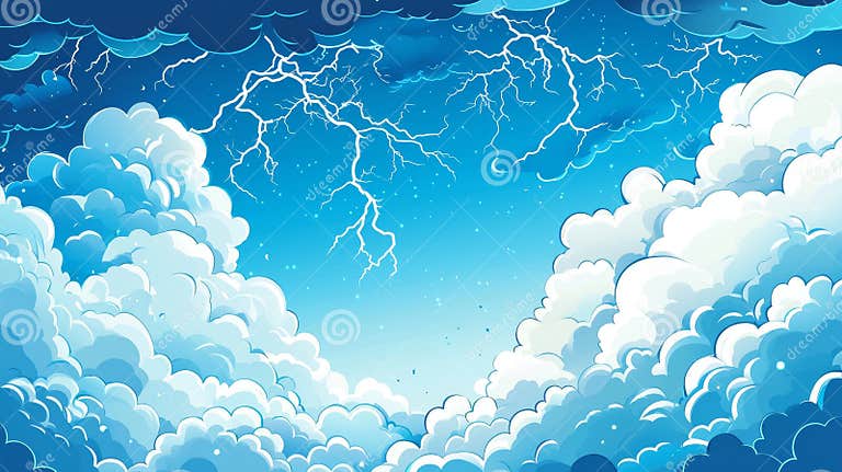 A Lively Blue Comic Backdrop Featuring Clouds and Lightning Bolts ...