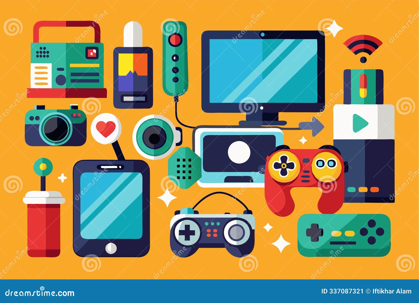 A Lively Display Features an Array of Modern Gadgets, Including Phones ...