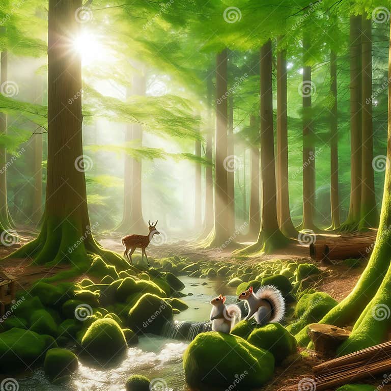 A Lively Forest Scene with Deer, Squirrels, and Other Animals in an ...