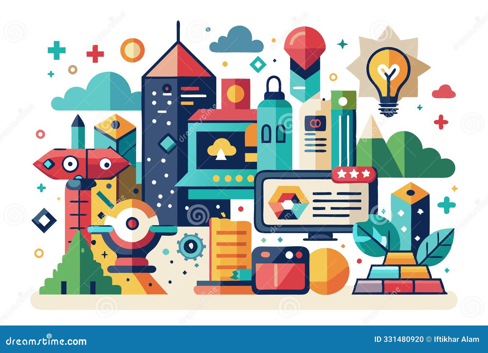 A Lively Illustration Featuring Colorful Buildings, Tech Elements, and ...