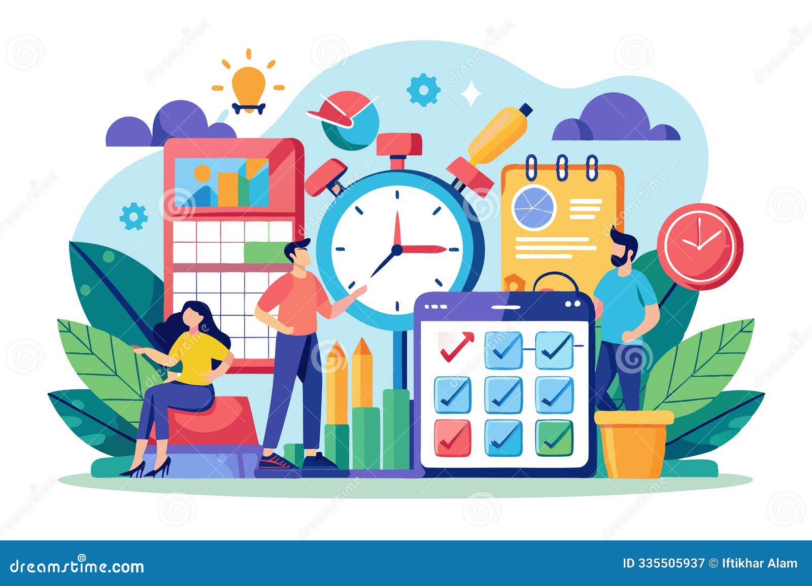 A Lively Illustration Shows People Using Calendars and Clocks for ...