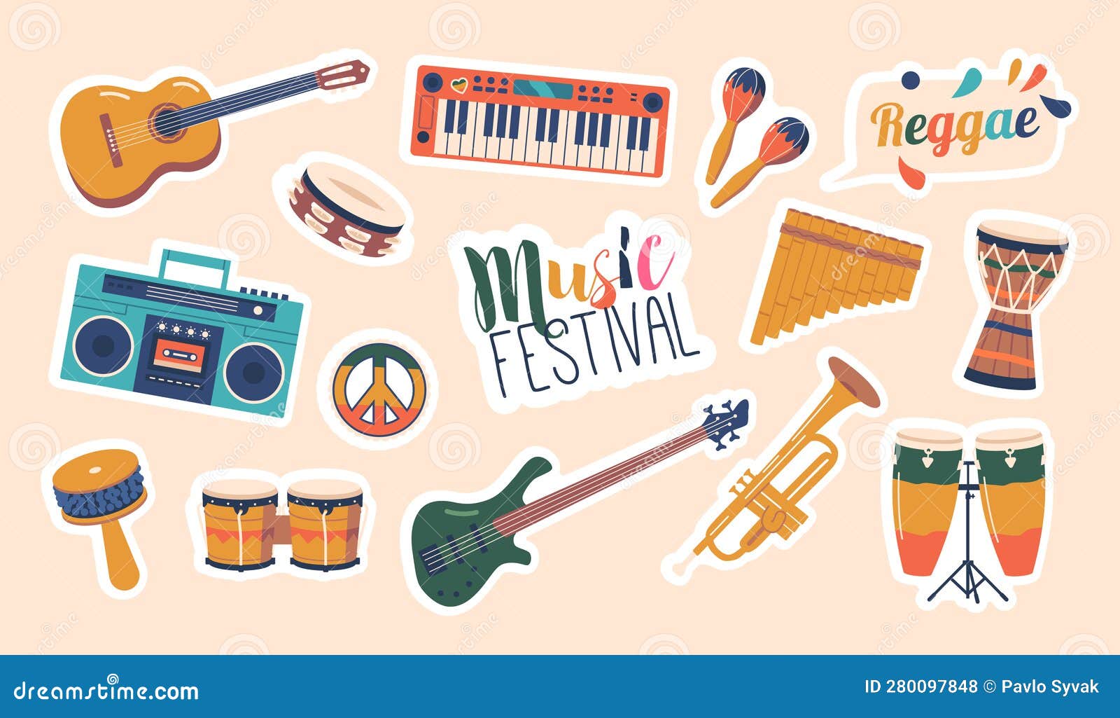 Lively Reggae-inspired Set of Musical Instruments Stickers, Perfect for ...