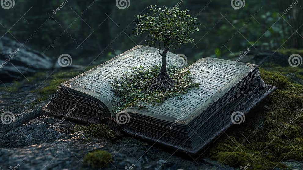 A Lively Tree of Wisdom Grows from the Open Pages of an Ancient Book ...