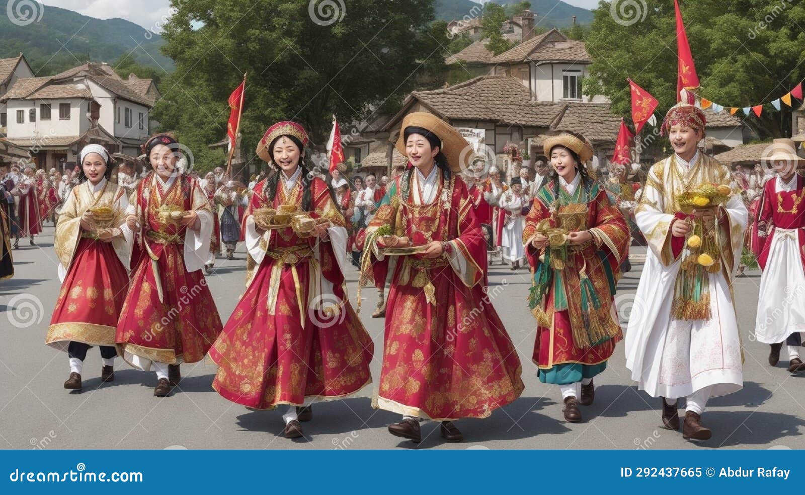 A Lively Village Procession with Traditional Costumes Stock ...