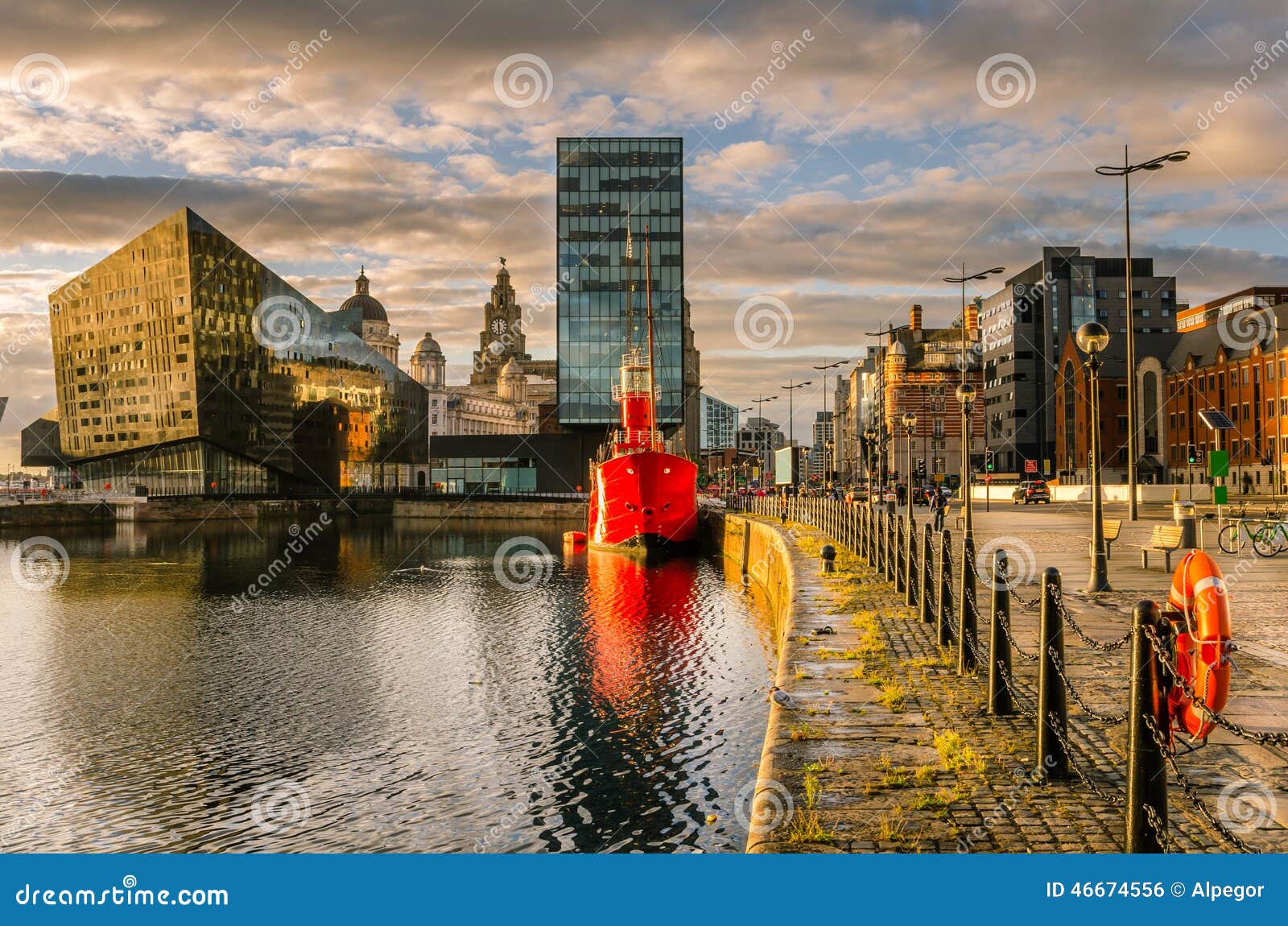 Liverpool Waterfront at Sunset Stock Photo - Image of england, benches ...
